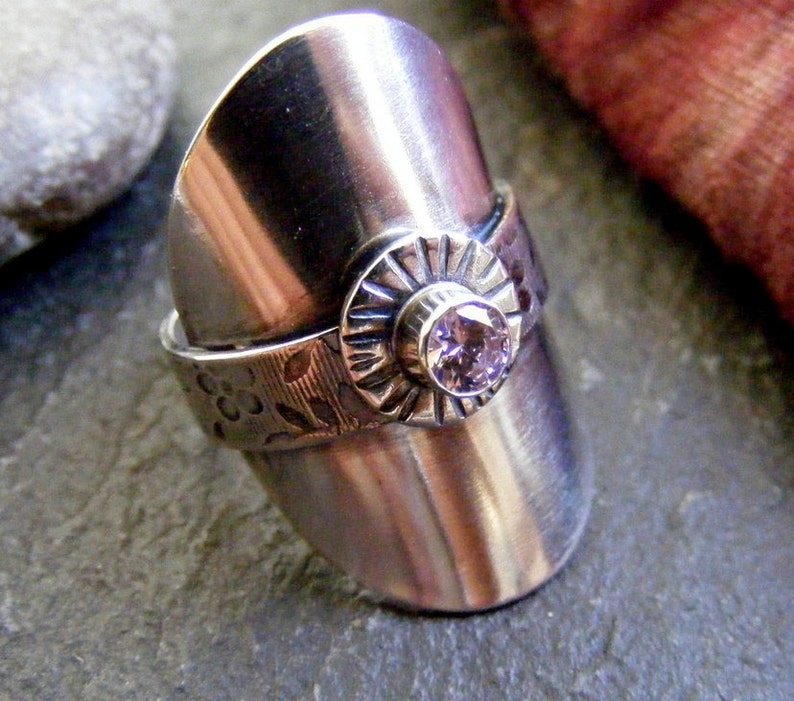 Silver Saddle Shield Ring With Flower Textured Band and Pink | Etsy