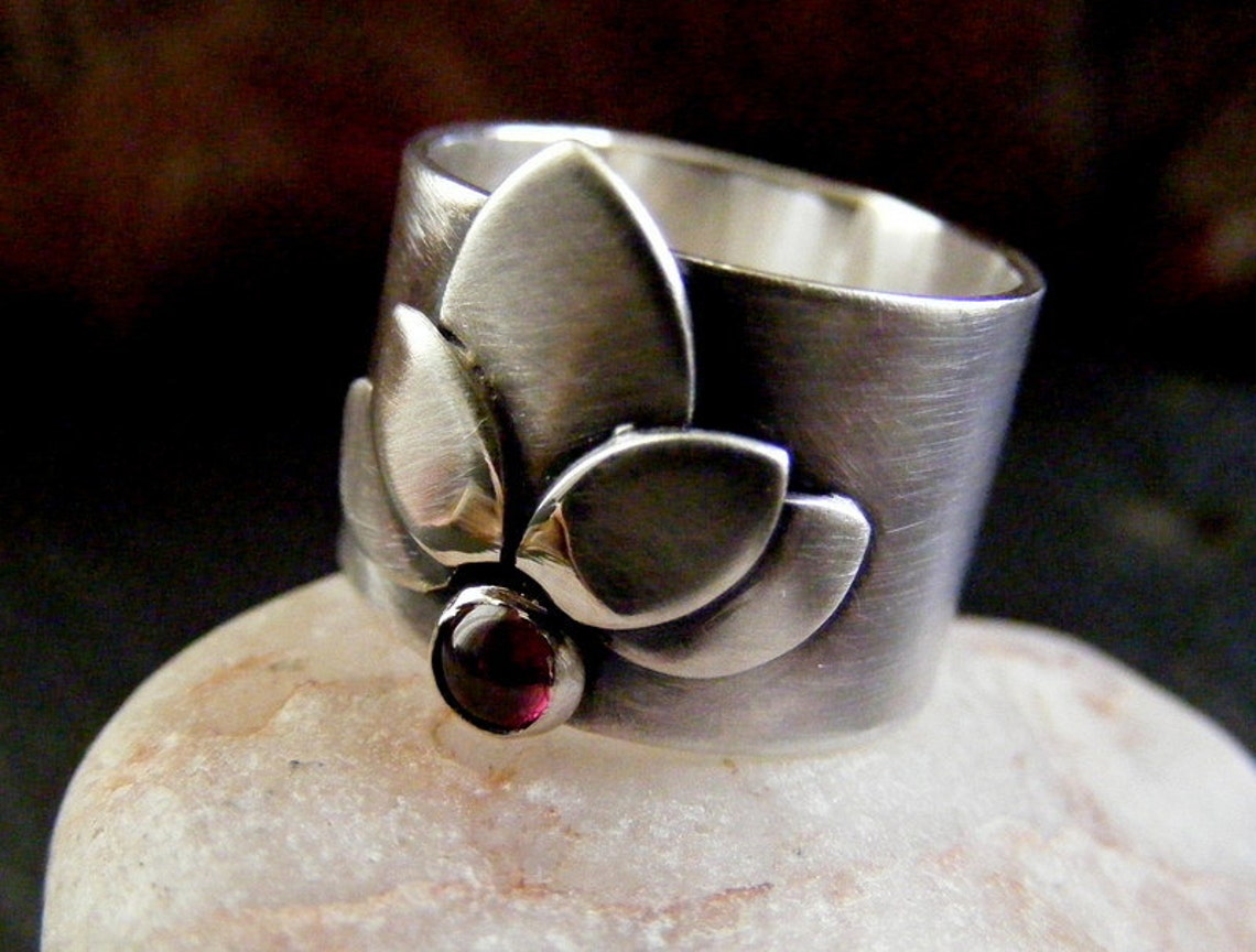 Silver Lotus Ring With Garnet Gemstone Flower Statement Ring With ...