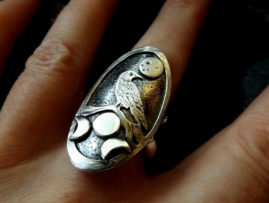 Silver Raven Ring With Triplemoon Detail and Full Moon , Textured and ...