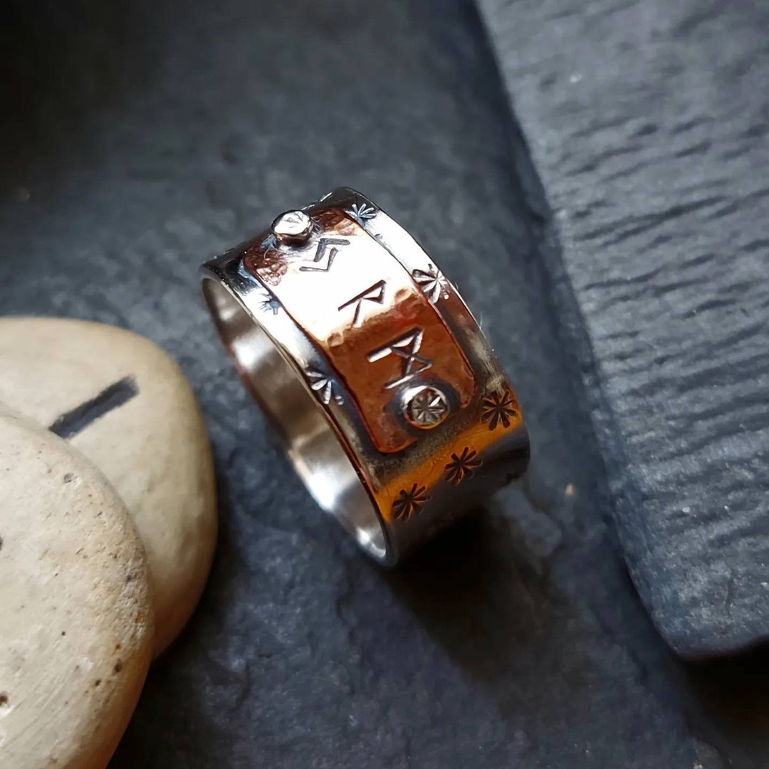 Silver and Copper Star Textured Rune Ring With Rivets , Starry Rune ...
