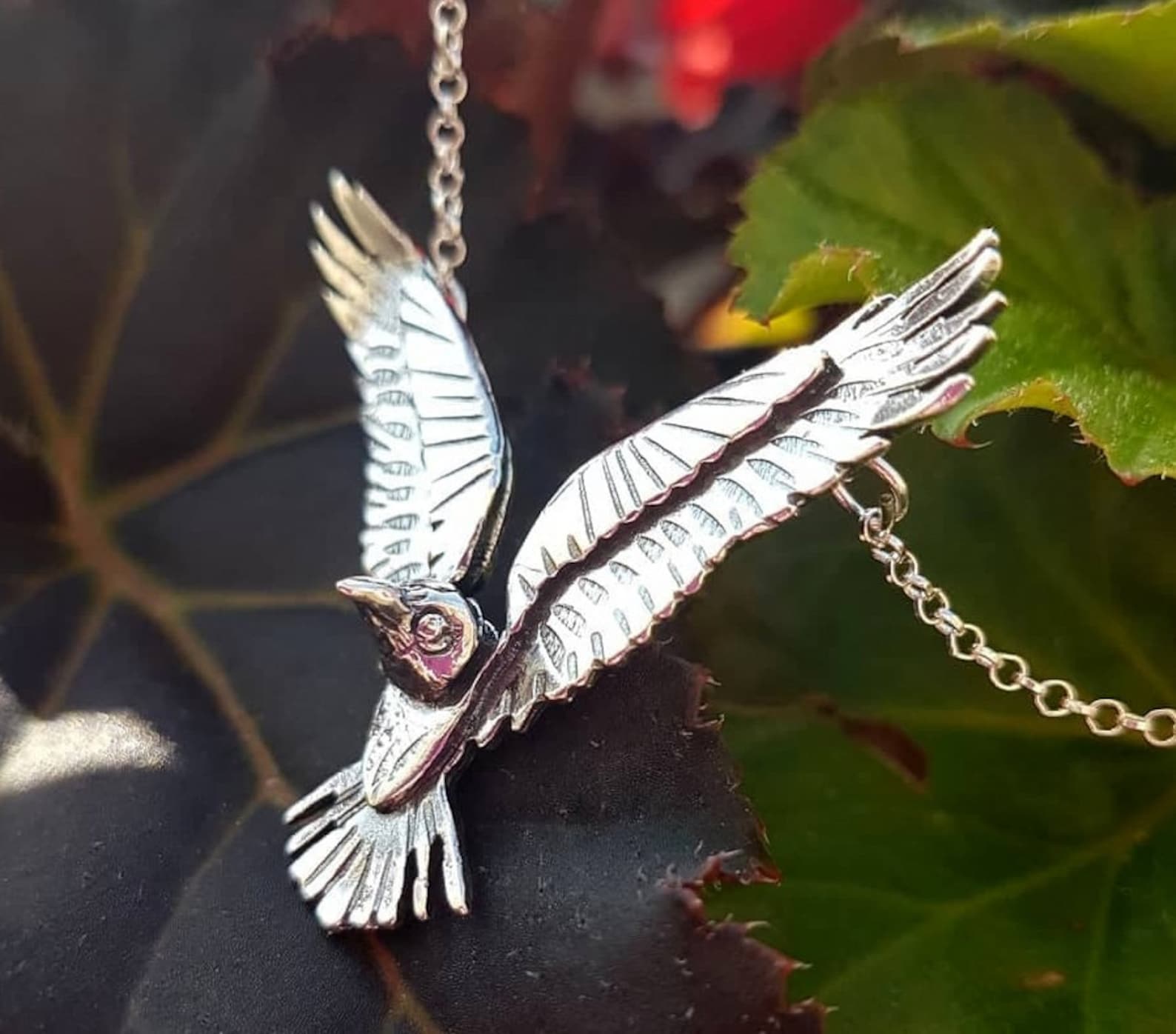 Silver Raven Necklace Flying Sterling Raven Necklace With | Etsy