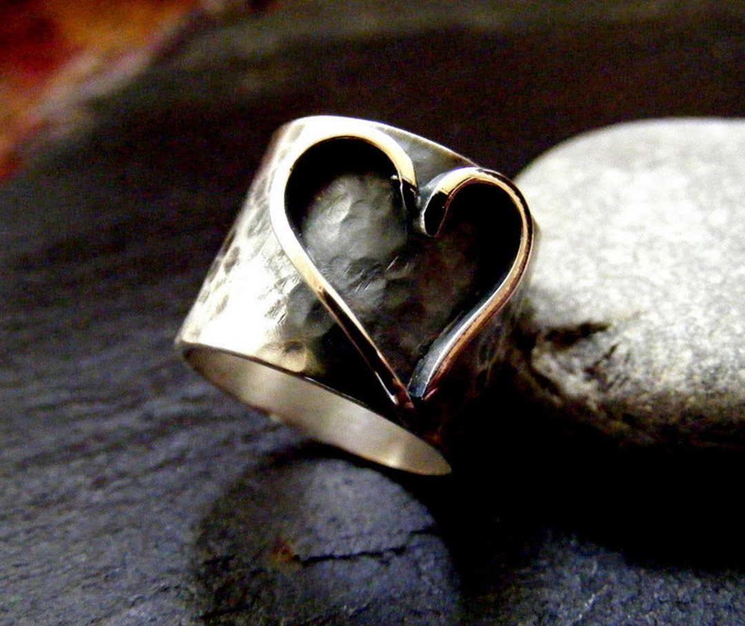 Silver Heart Ring Hammered Band Sterling Statement Wide Band Heart Ring ...