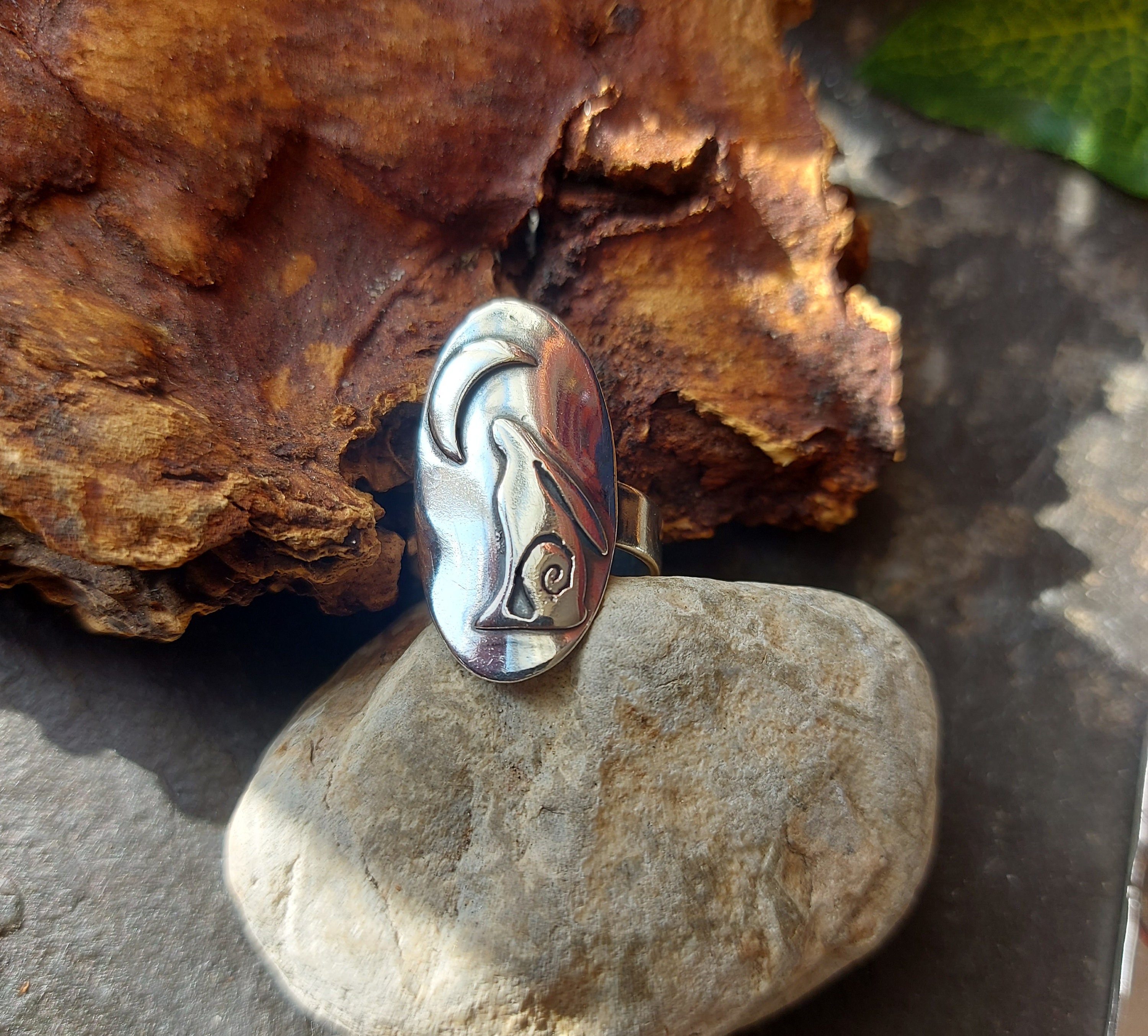 Silver Moon and Hare Ring With Standing Hare Saddle Ring With Crescent ...
