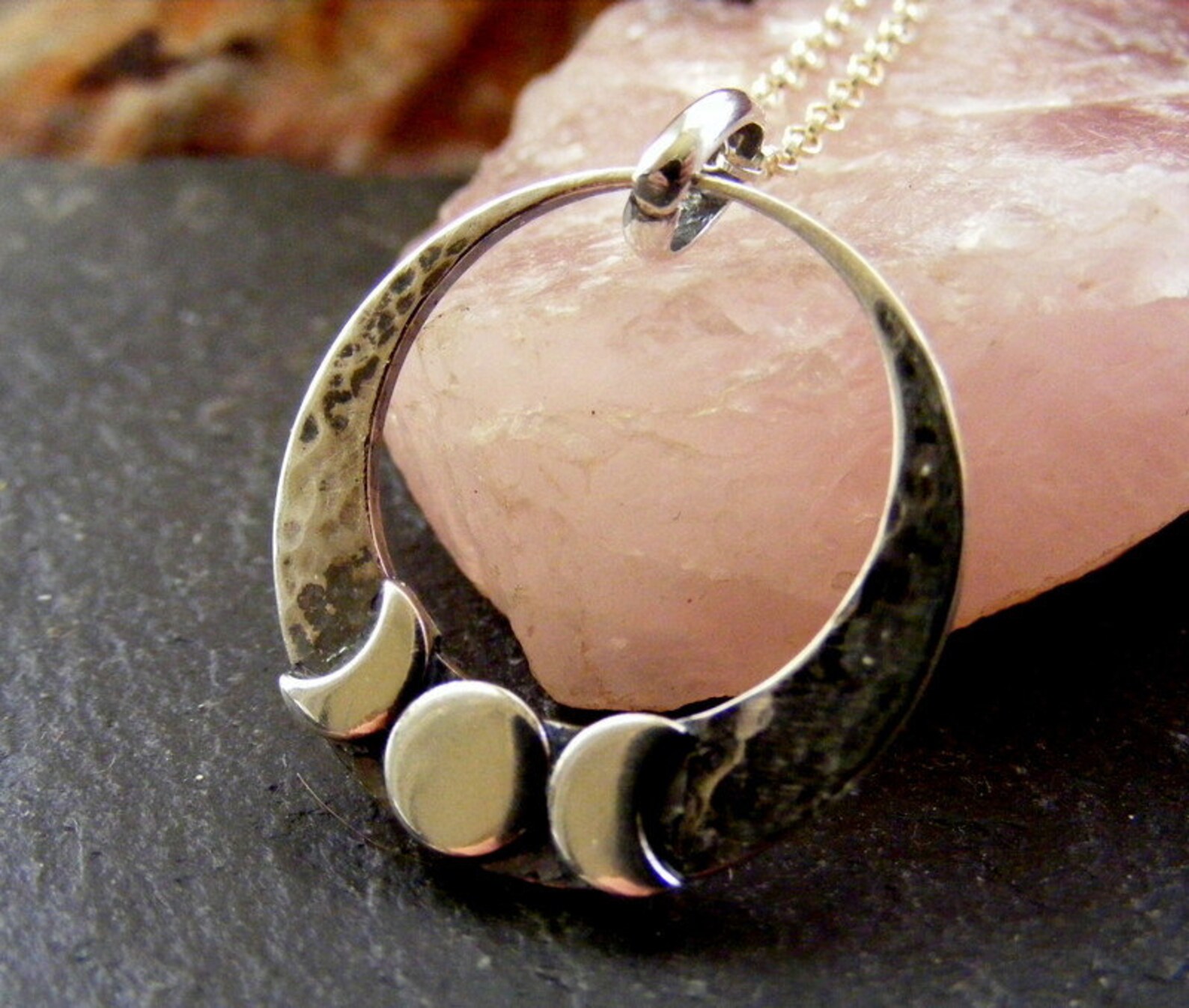 Silver Triple Moon Crescent Hammered Pendant Necklace Circle | Etsy