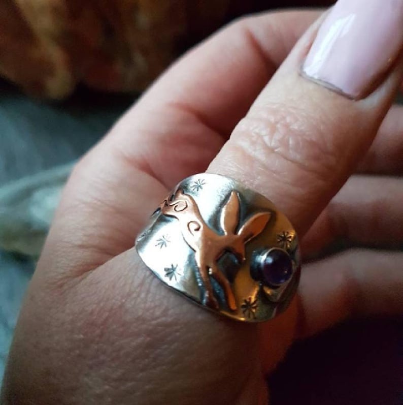 Silver Moon and Copper Hare Ring With Amethyst , Leaping Hare Saddle ...