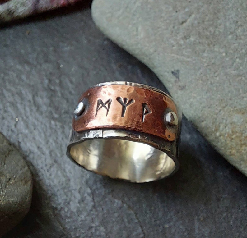 Silver and Copper Hammered Rune Ring With Rivets Rustic Rune | Etsy