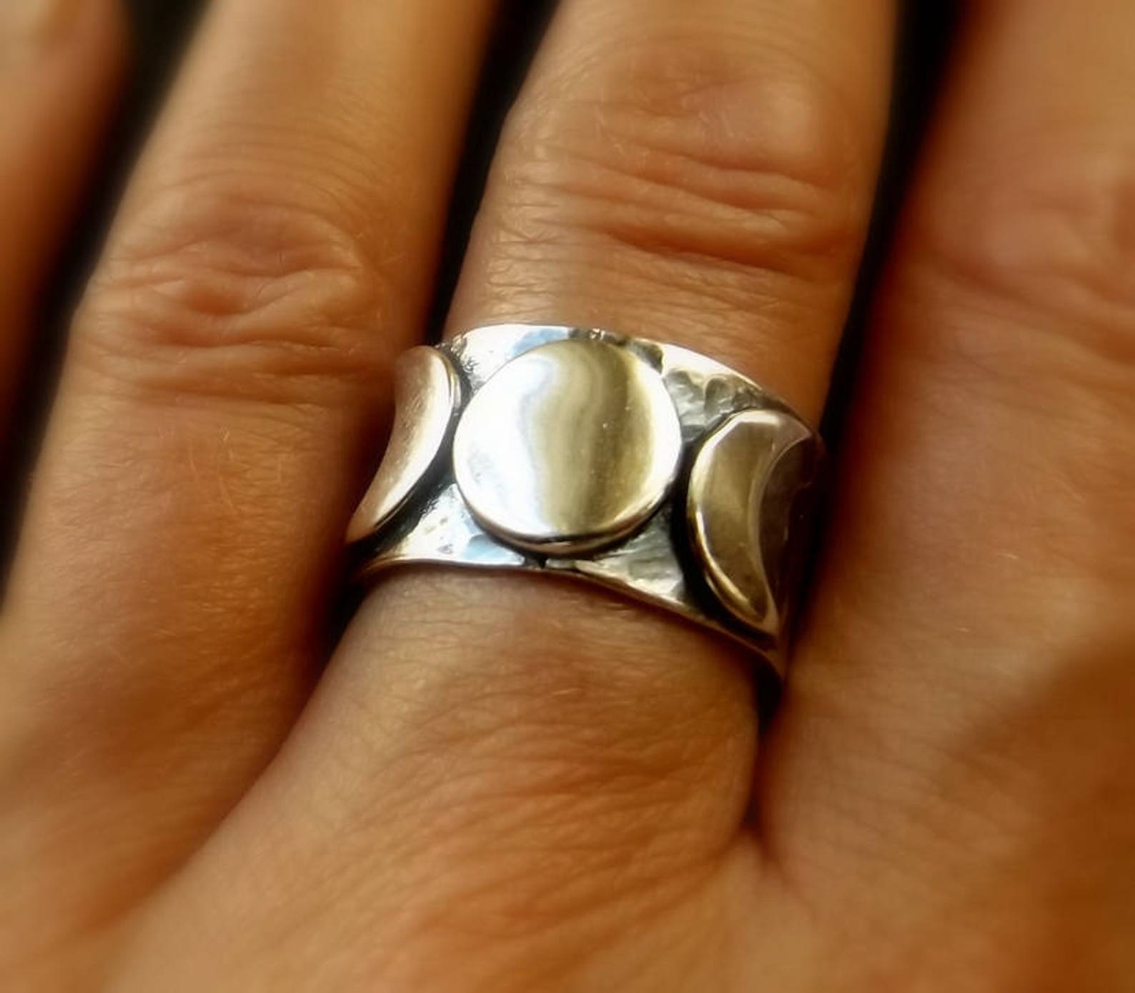 Silver Triple moon ring wide three moon crescent silver ring | Etsy