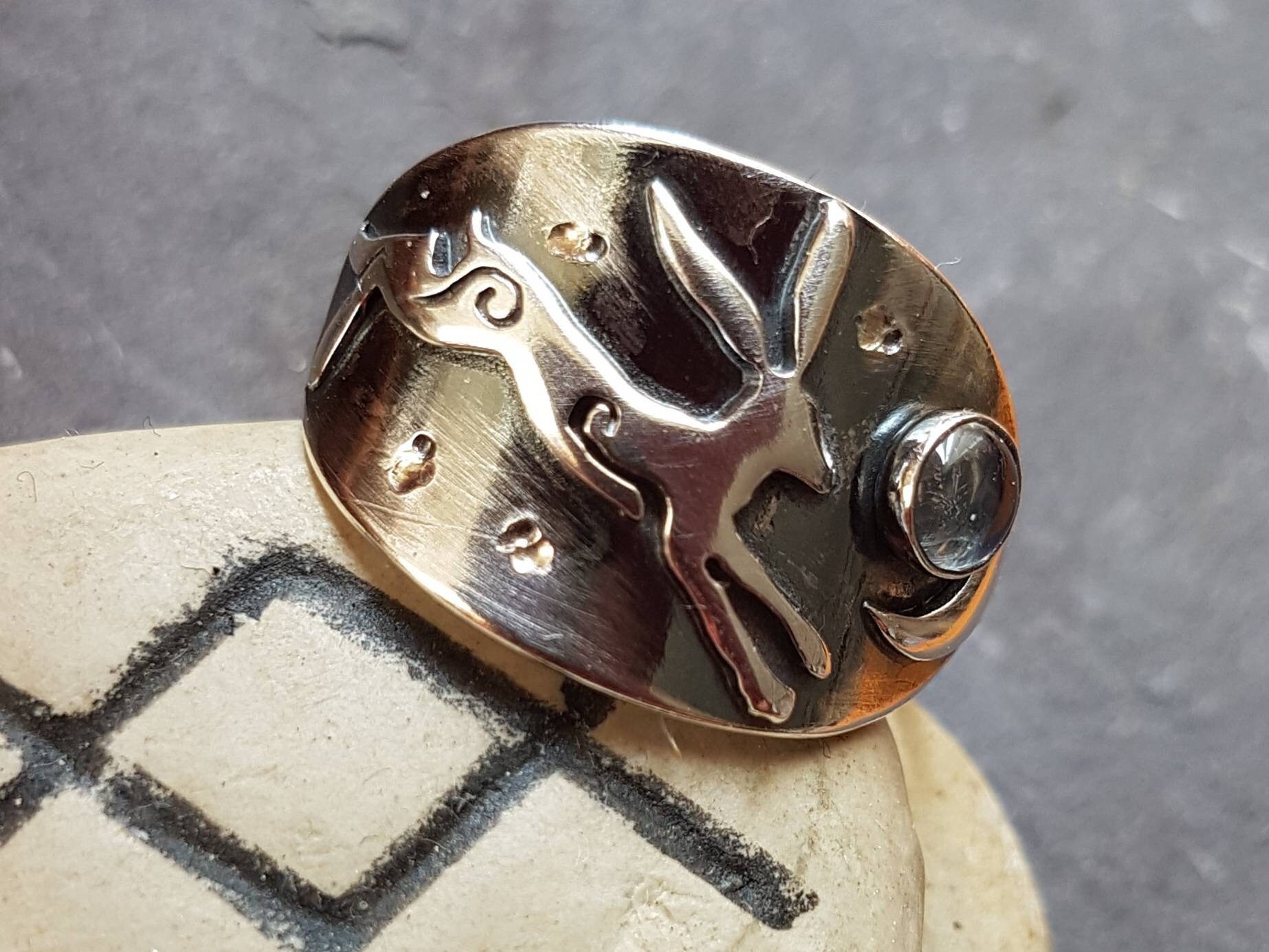 Silver Moon and Hare Ring With Moonstone Leaping Hare Saddle | Etsy