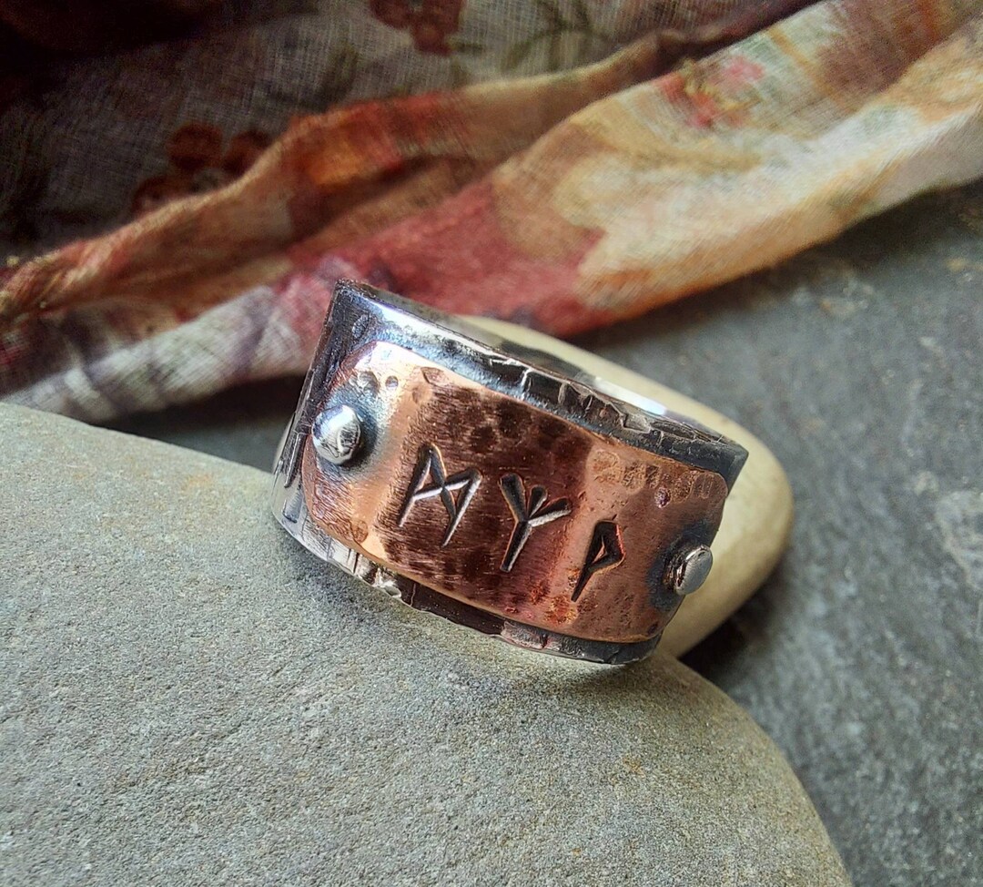 Silver and Copper Hammered Rune Ring With Rivets , Rustic Rune Ring - Etsy
