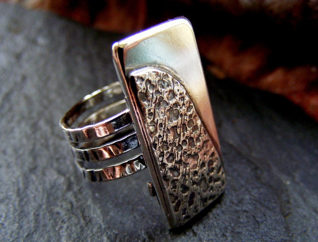 Silver Textured Statement Ring Oxidized and Highly Polished, Sterling ...