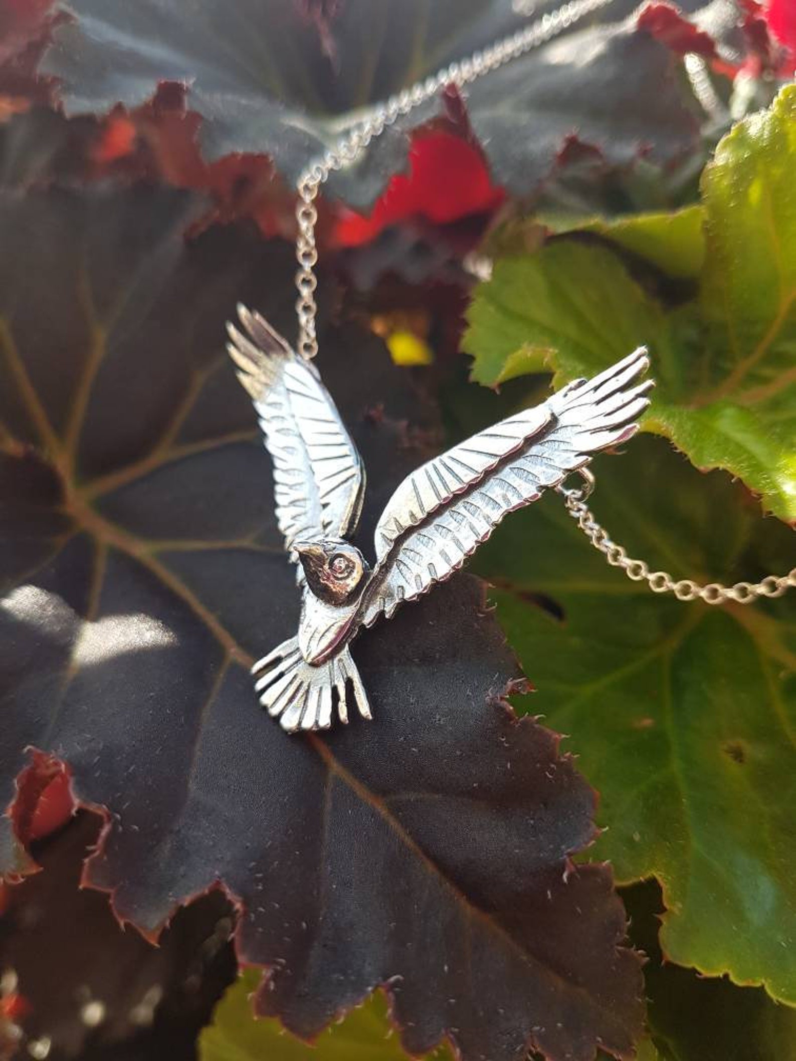 Silver Raven Necklace, Flying Sterling Raven Necklace With Textured ...