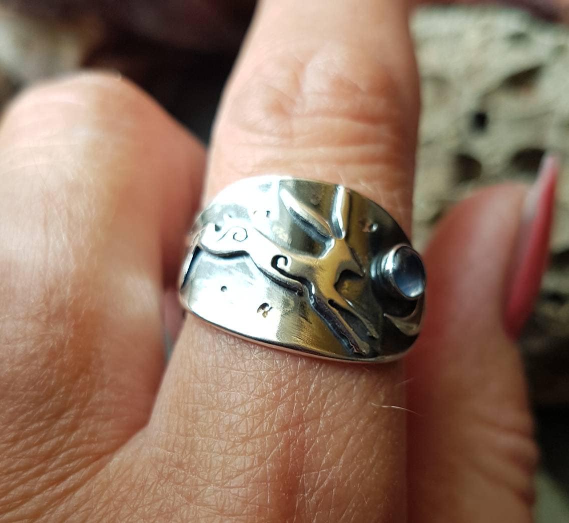 Silver Moon and Hare Ring With Moonstone Leaping Hare Saddle | Etsy