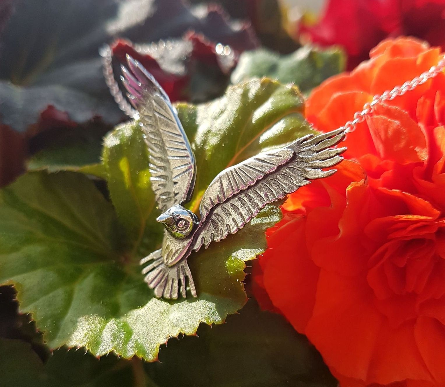 Silver Raven Necklace, Flying Sterling Raven Necklace With Textured ...