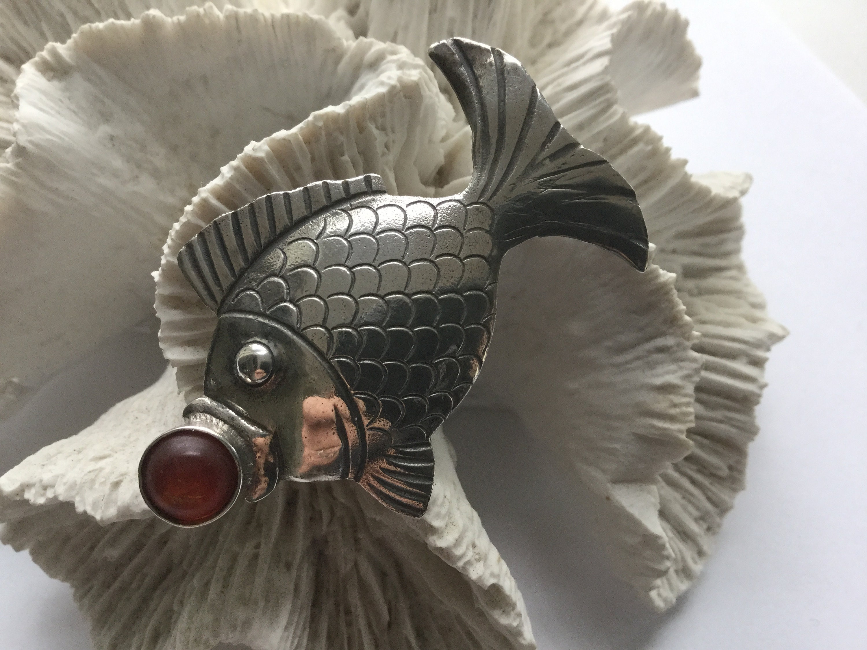 Vintage 835 Sterling Fish Brooch Pin Carnelian C Clasp Pisces - Etsy 日本