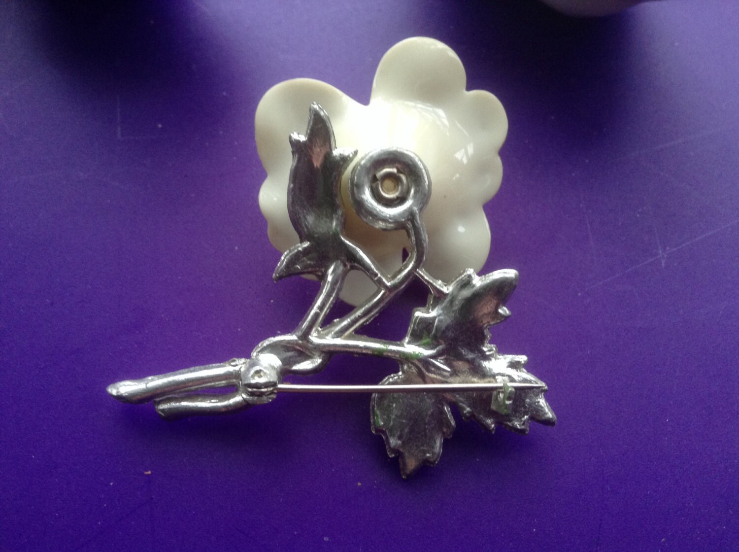 Rose Pin Brooch White 1960s Plastic Silvertone Green Bridal - Etsy