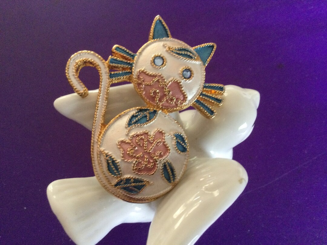 Cloisonné Enamel Cat Brooch Pin Rhinestone Eyes Floral Whiskers Feline ...