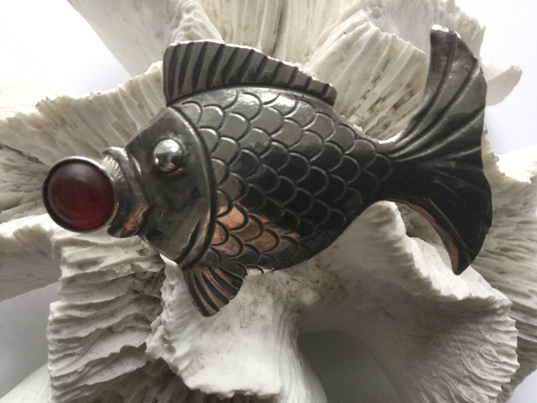 Vintage 835 Sterling Fish Brooch Pin Carnelian C Clasp Pisces Angel ...