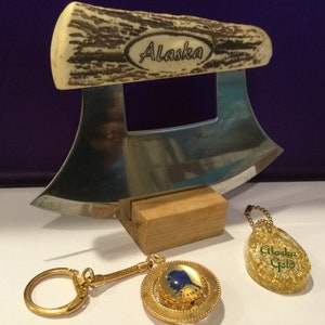Alaska Souvenir Lot Meza Luna Chopper Ulu Knife Stand Faux Bone State ...