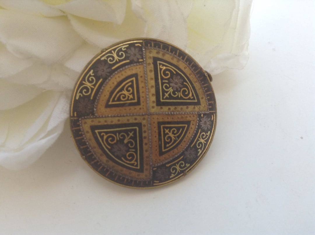 Damascene Circle Pin/brooch 60s Geometric Byzantine Style Gold Inlay ...