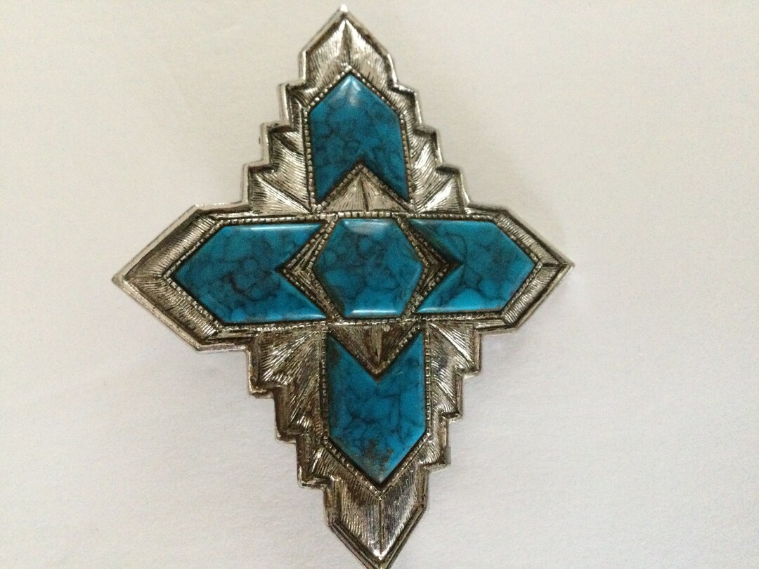 Sarah Coventry Inca Pin Brooch Shield Cross Faux Turquoise Antiqued ...