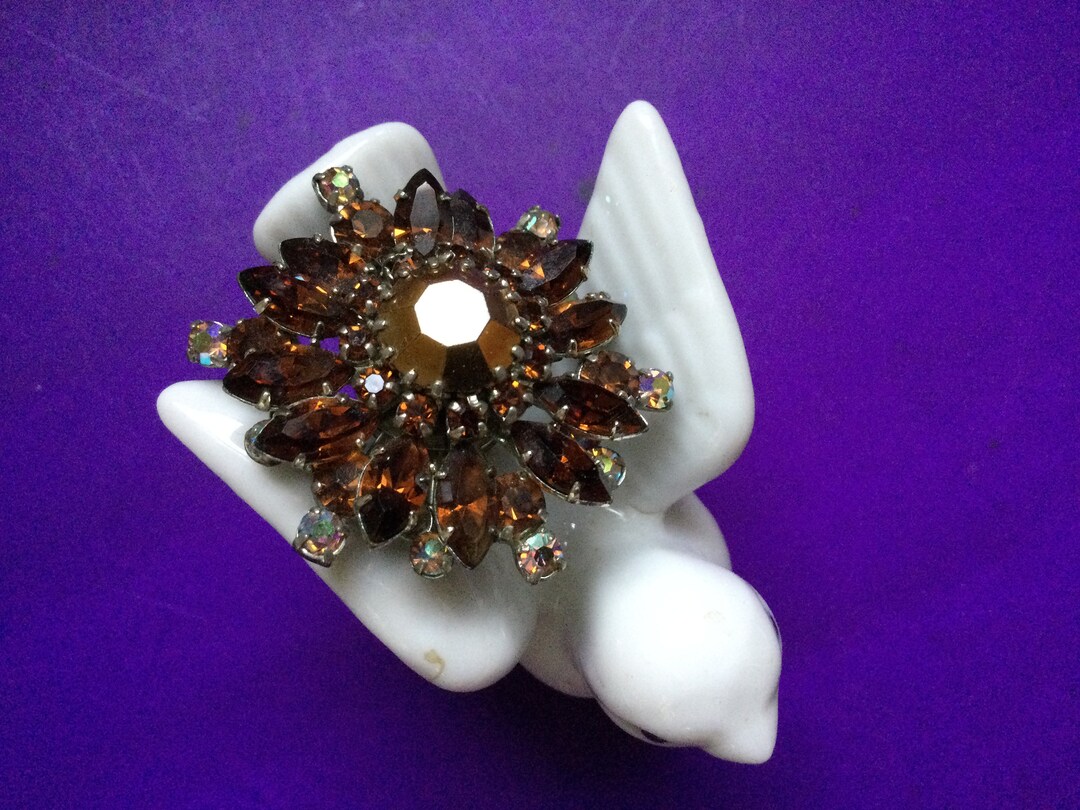 Vintage Austrian Topaz Brooch Pin Glass Aurora Borealis Amber Starburst ...