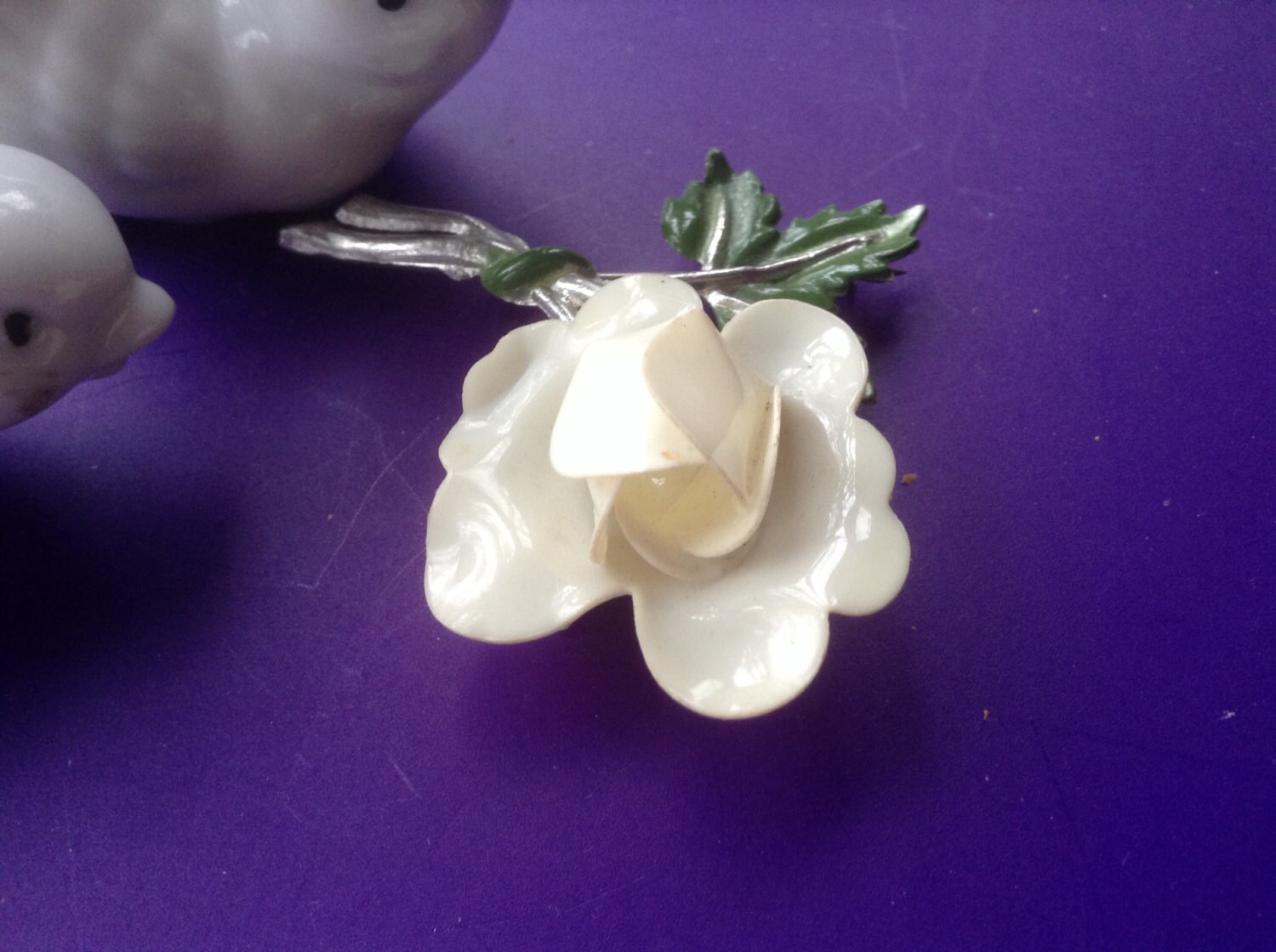 Rose Pin Brooch White 1960s Plastic Silvertone Green Bridal - Etsy