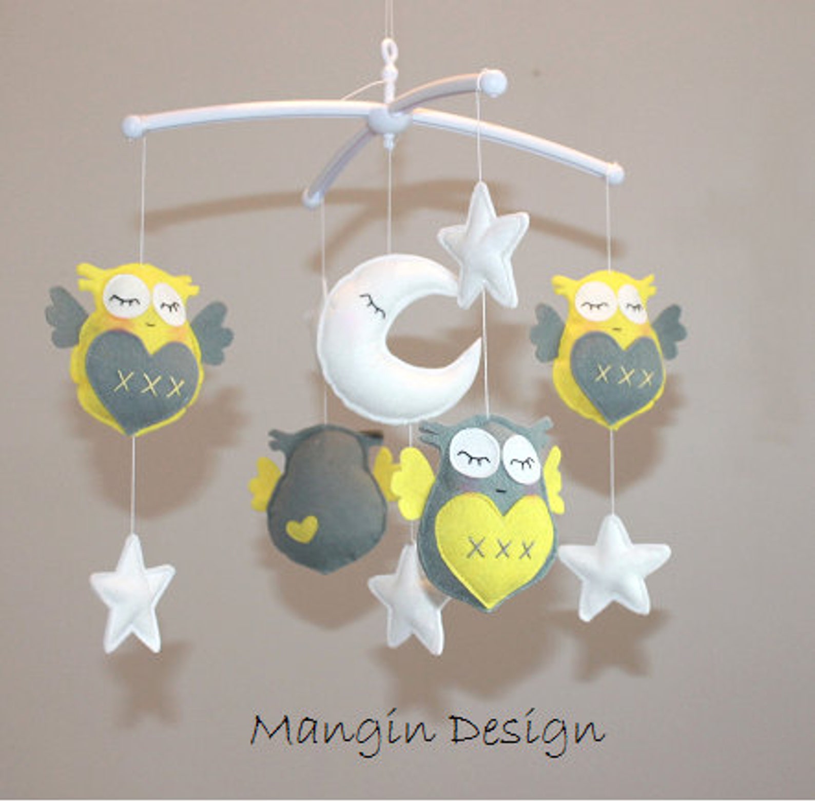 Salegorgeous Cot Mobile Yellow Grey Owl Musical Mobile Felt - Etsy