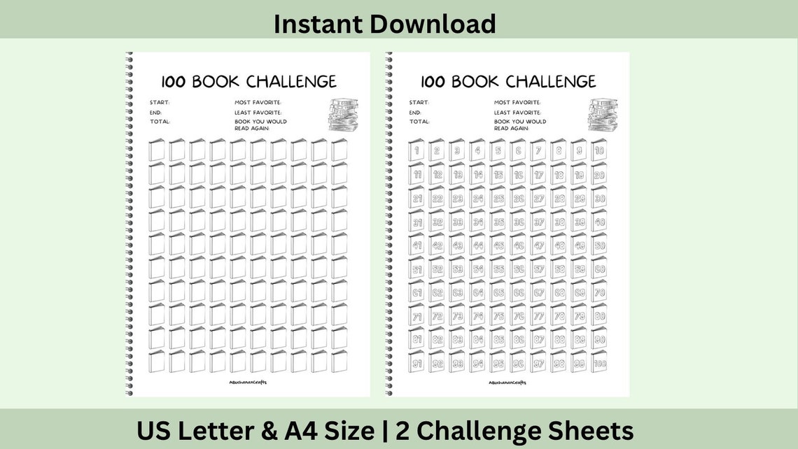 Digital Download 100 Book Challenge Printable US Letter & A4 - Etsy