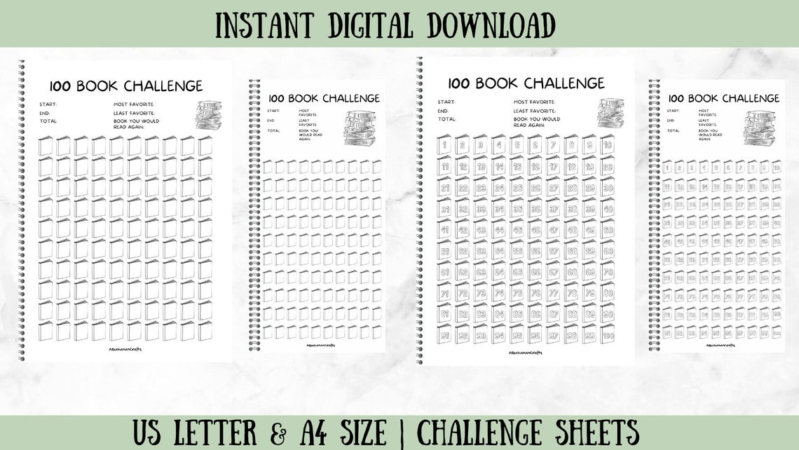 Digital Download 100 Book Challenge Printable, US Letter & A4 Size ...
