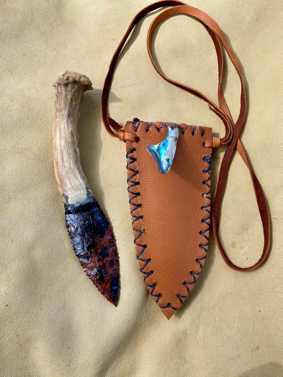 Mahogany Obsidian Neck Knife With Buckskin Sheath by Chumash Artist ...