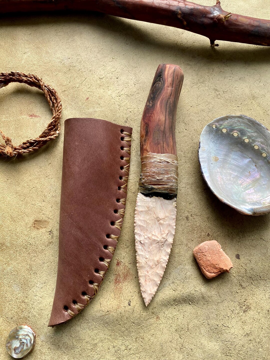 Keokuk Chert Knife With Manzanita Handle and Leather Sheath by Chumash ...