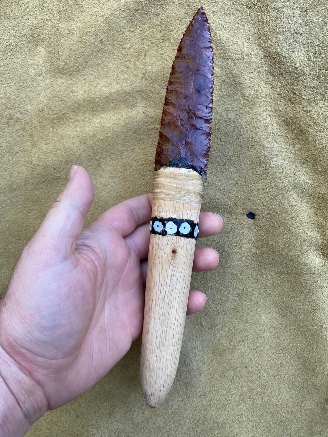 Chumash Mahogany Obsidian Knife With Oak Handle Olivella Shell Bead Inlay by Chumash Artist ...