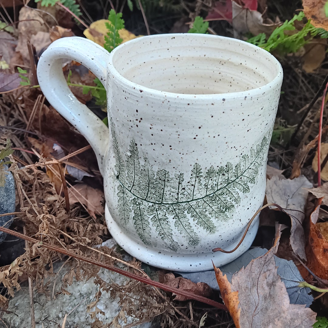 White Speckled Stoneware Fern Mug - Etsy