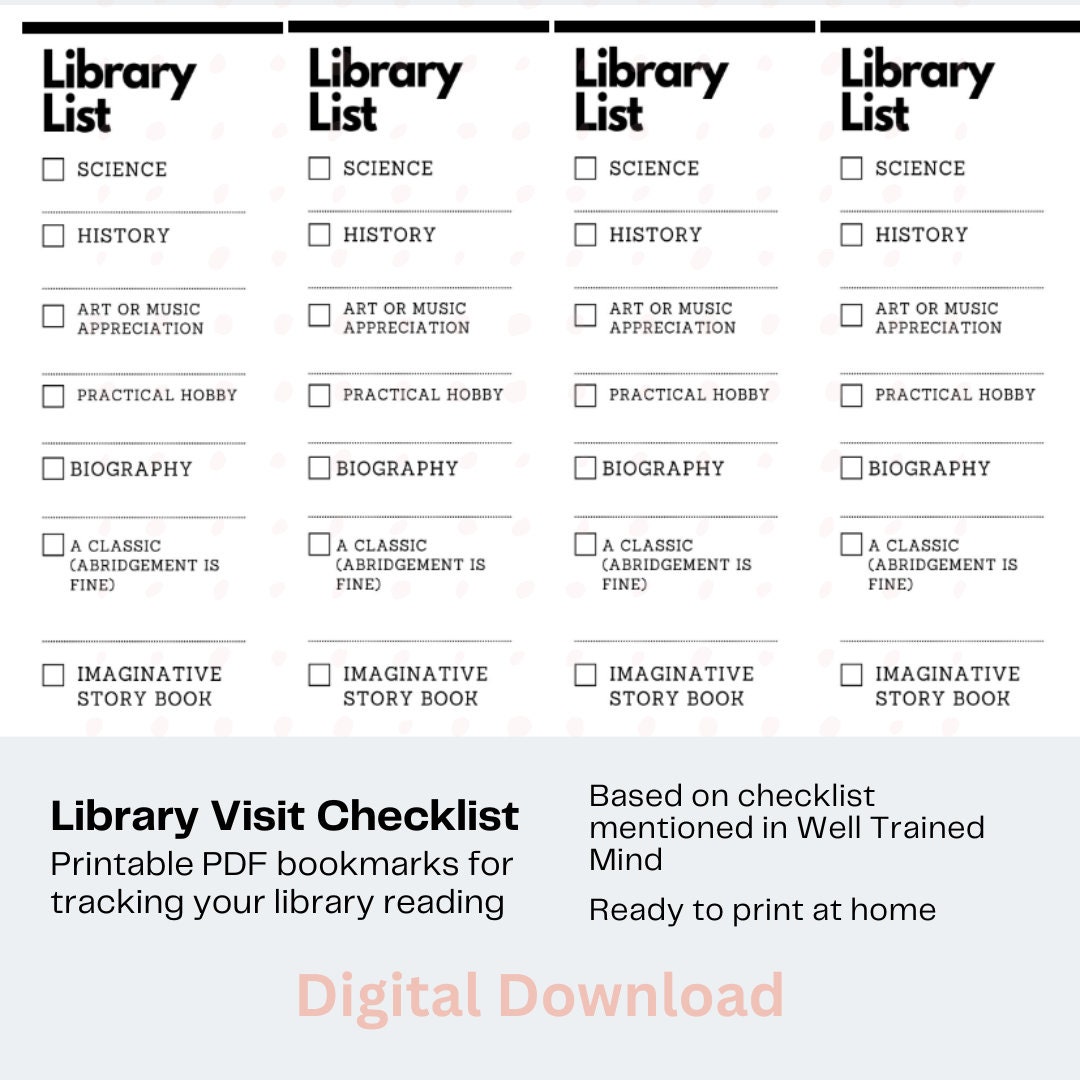 Printable Library Visit Checklist Bookmark for Students, Homeschool ...