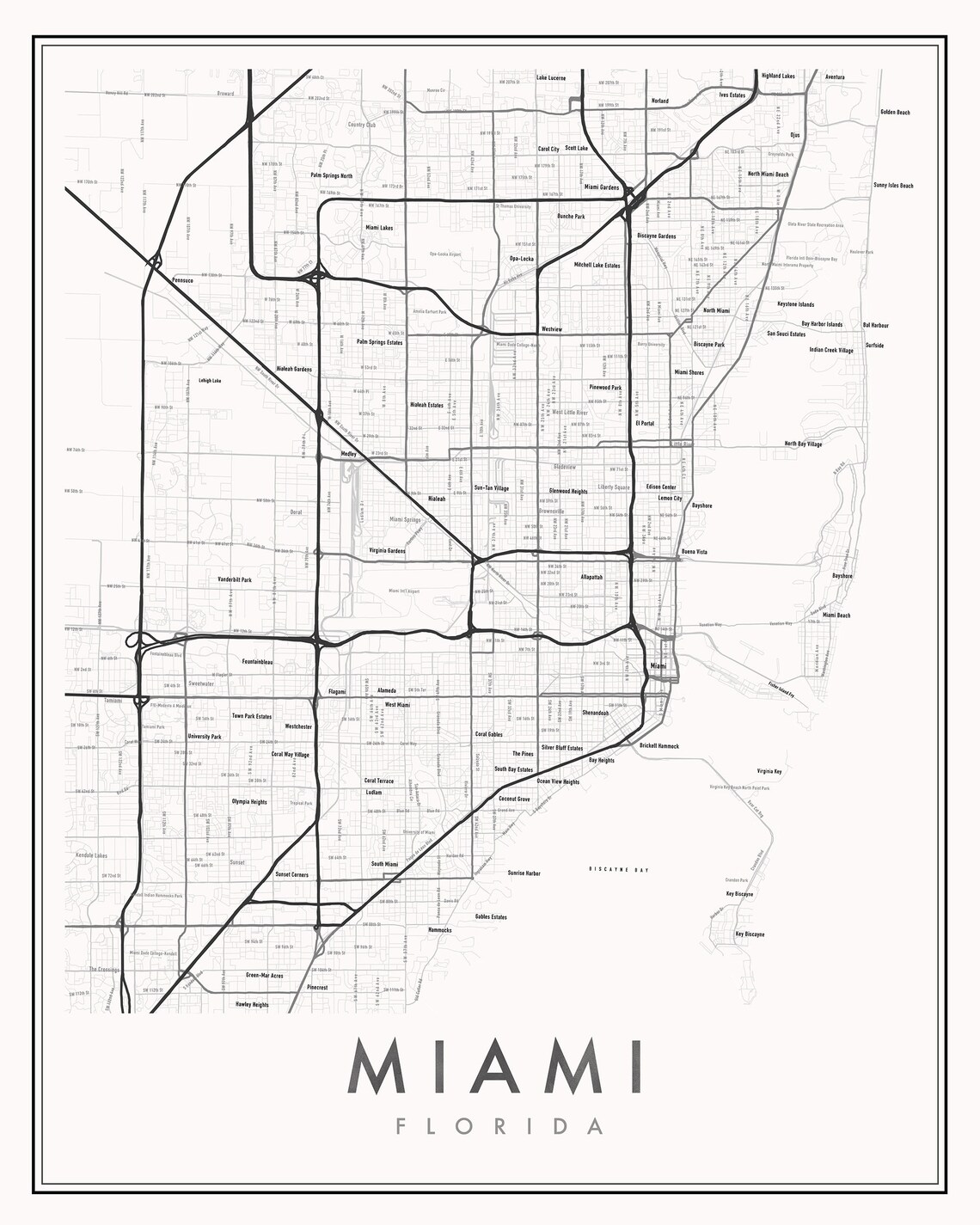 Miami Map Print Miami Map Poster City Map Print Miami Map | Etsy