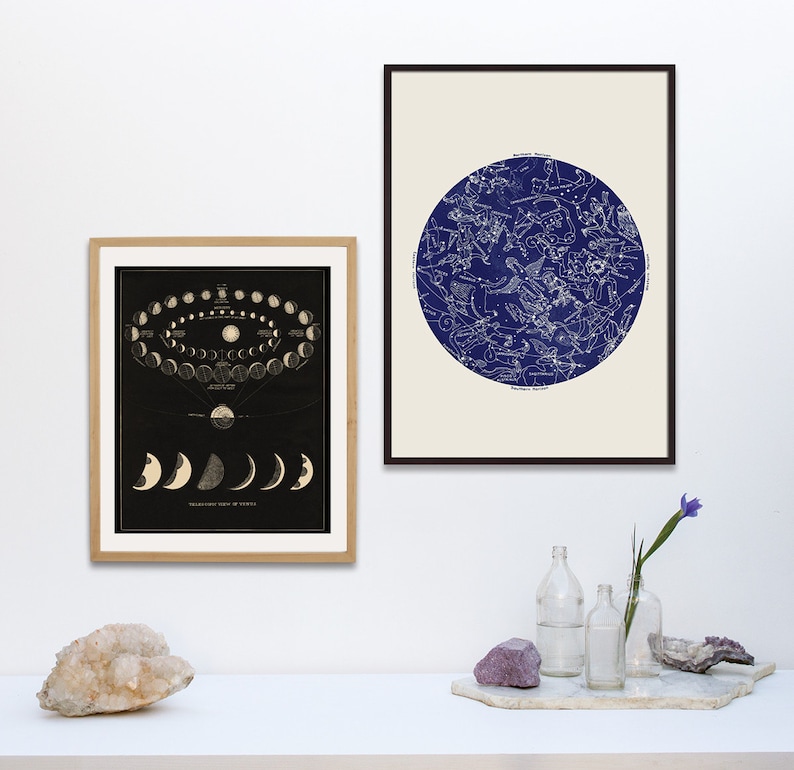 Vintage Moon Phases Wall Art in Blue Black or Gray Lunar | Etsy