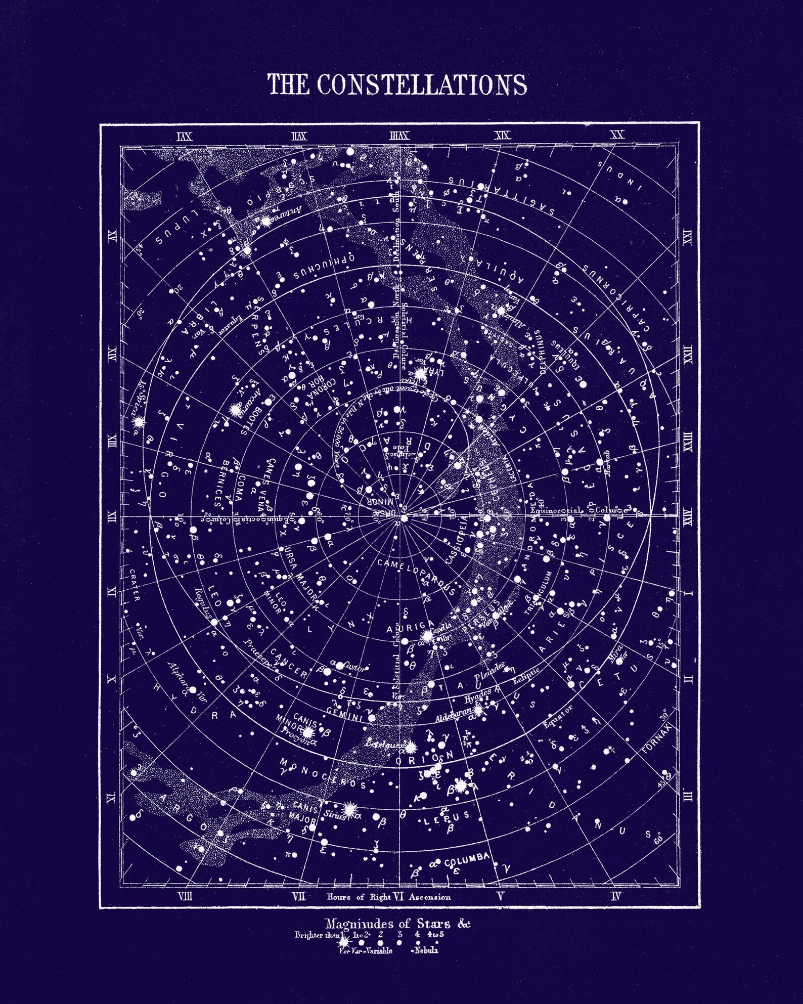 Star Map Print With Constellations: Vintage Astronomy Celestial Map of ...