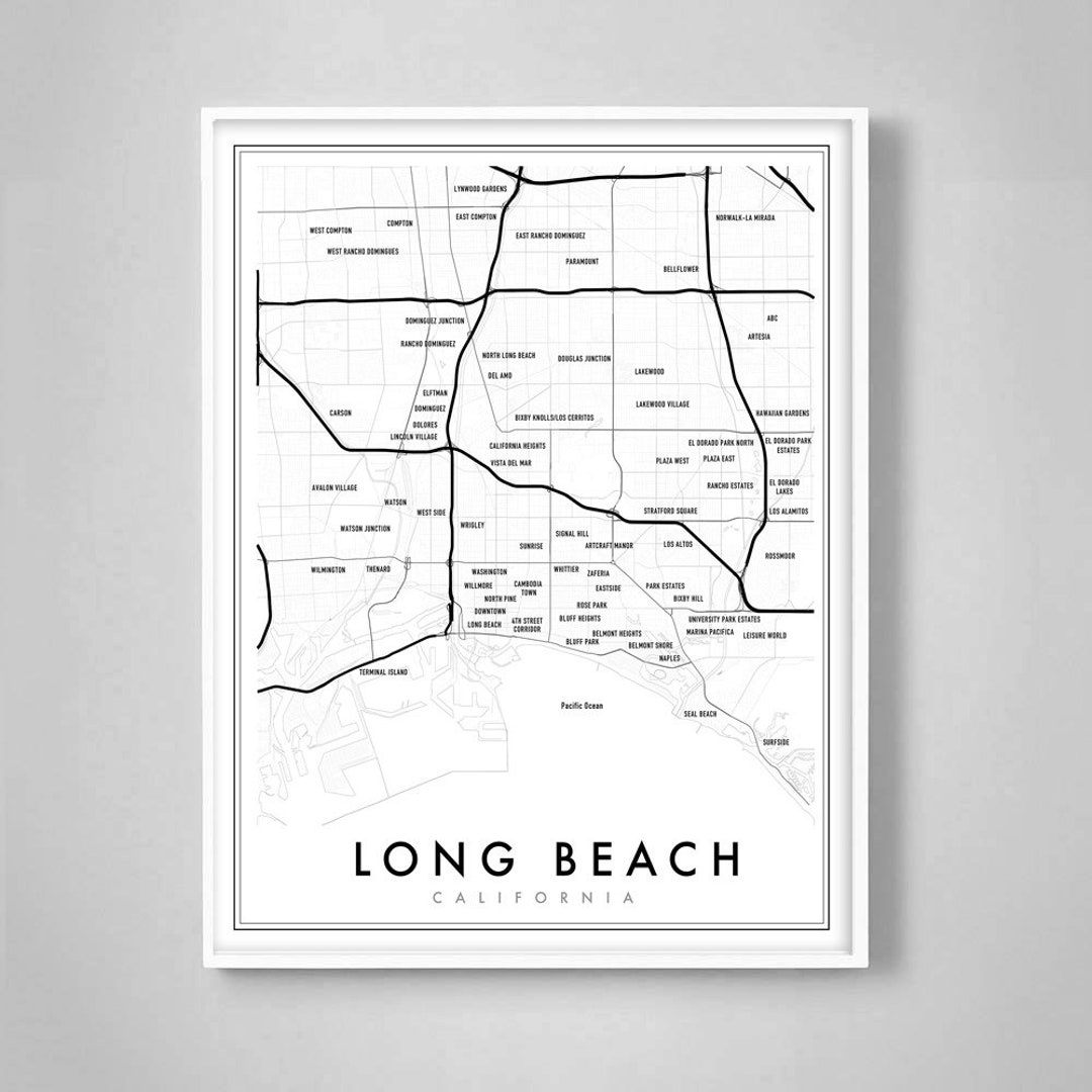 Long Beach Map Print,modern Minimal City Map,black and White Wall Art ...