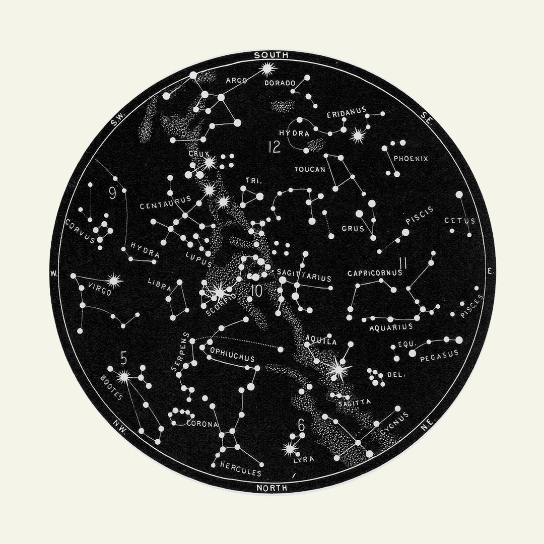 Black Constellation Print, Black Star Chart, Cosmos Print, Circular Art ...