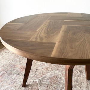 Round Natural Walnut Herringbone Dining Table, Solid Tapered Wood Legs ...