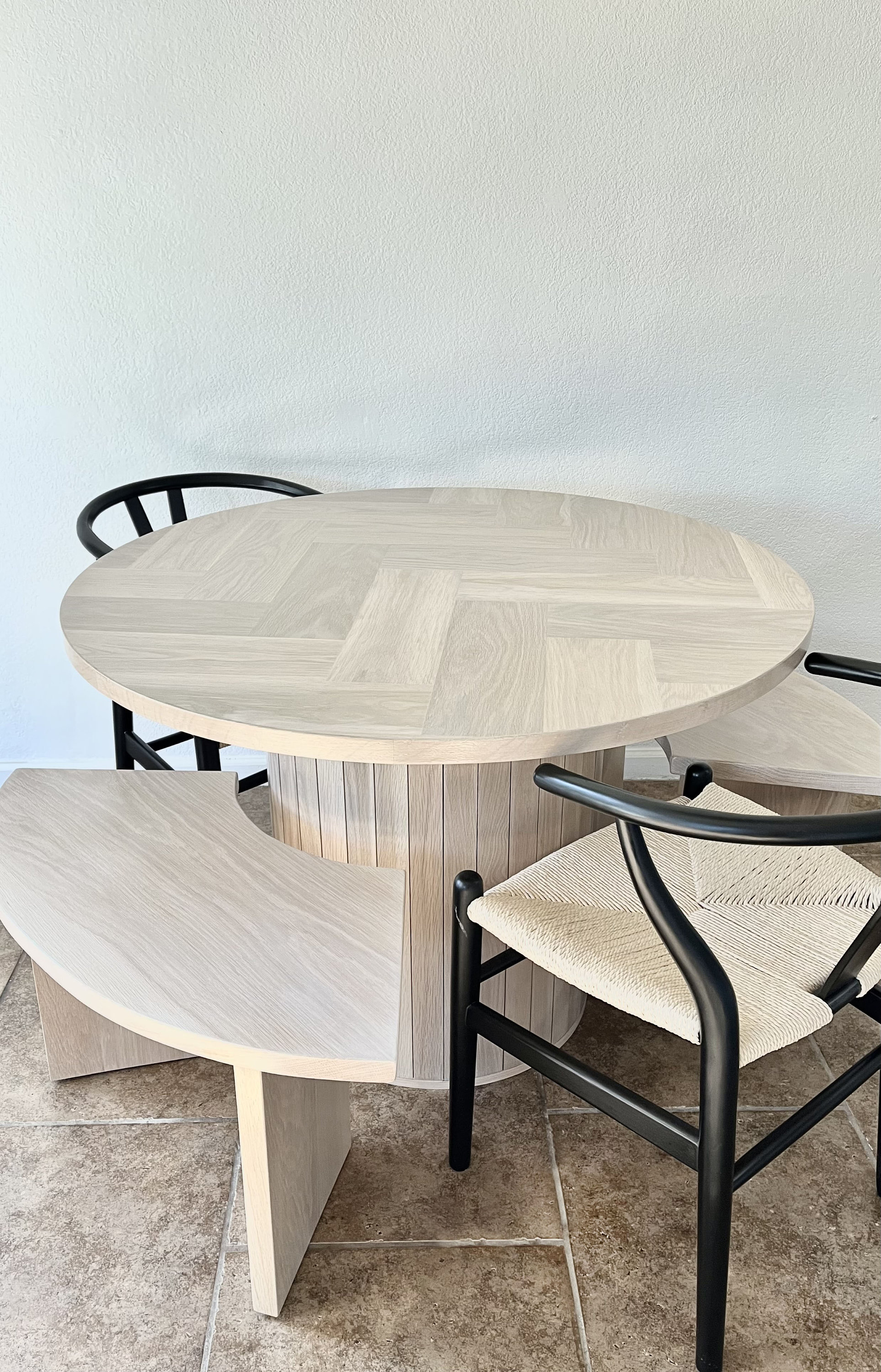 Round White Oak Pedestal Dining Table with Herringbone Top Wood Pedestal Base w Slats Circular Kitchen Nook Bistro Table Made to Order Etsy