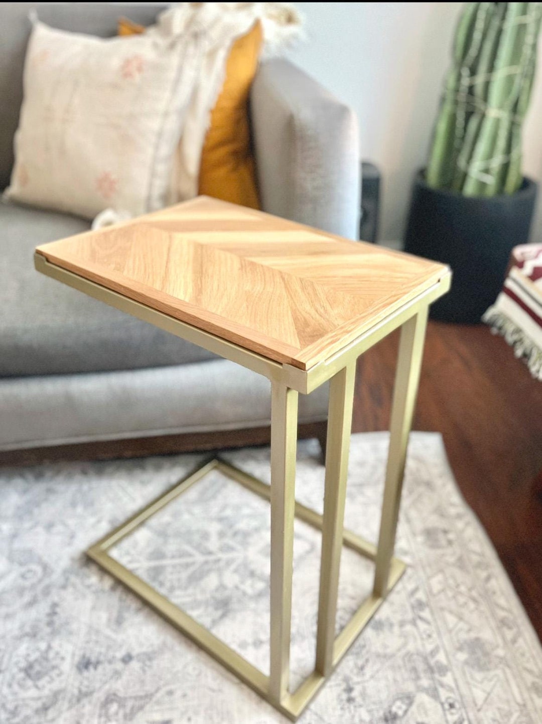 White Oak Wood Chevron C-table, Gold Metal Base, Bedside Table ...