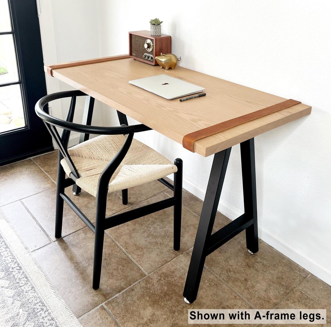 Solid Oak Wood Desk W/ Leather Strap Organizers, Industrial, Modern ...