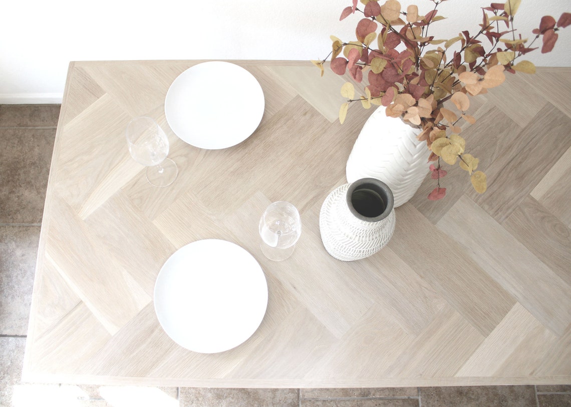 Modern White Oak Wood Herringbone Dining Table Solid White - Etsy
