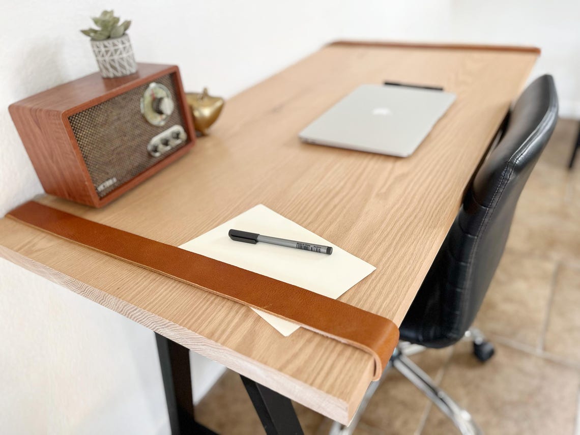 Solid Oak Wood Desk W/ Leather Strap Organizers, Industrial, Modern ...