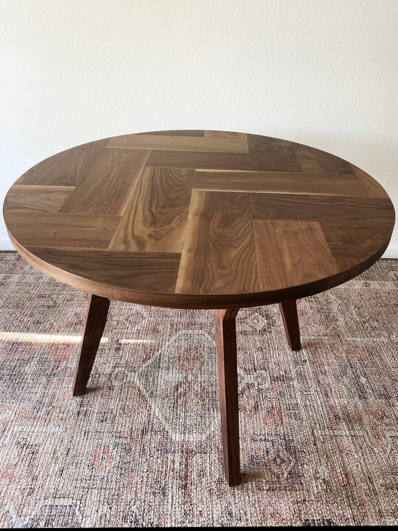 Round Natural Walnut Herringbone Dining Table, Solid Tapered Wood Legs ...