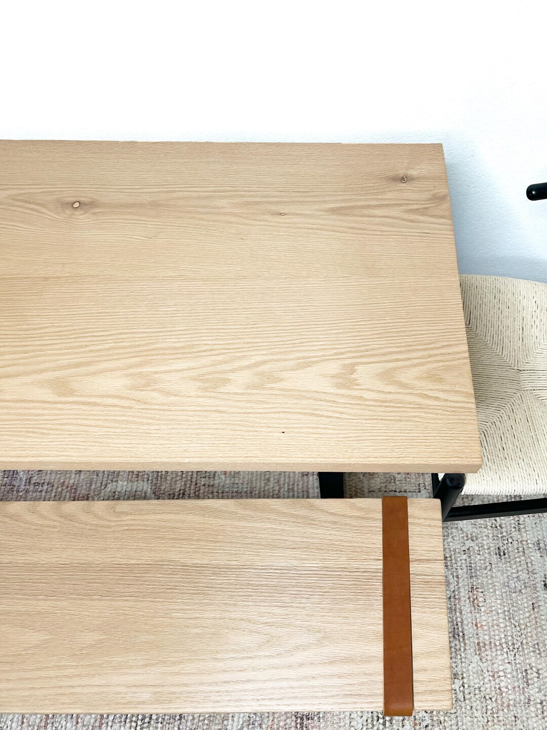 Solid Red Oak Dining Table & Bench Set, Cognac Leather Strap Bench ...