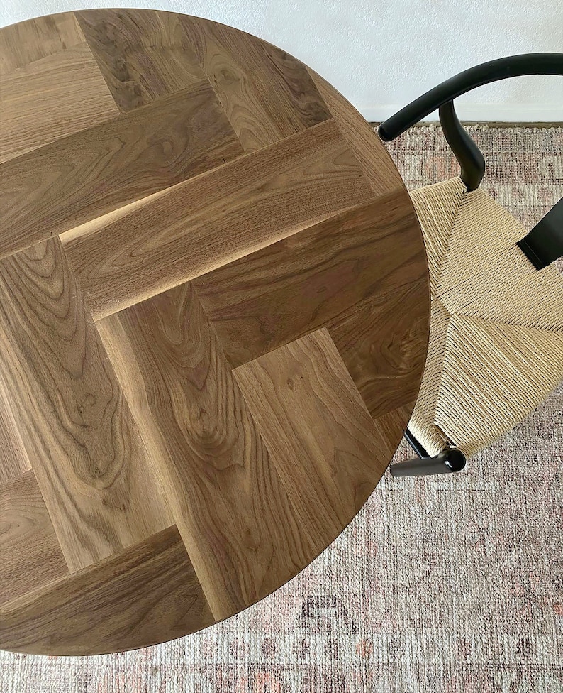 Round Natural Walnut Herringbone Dining Table, Solid Tapered Wood Legs ...