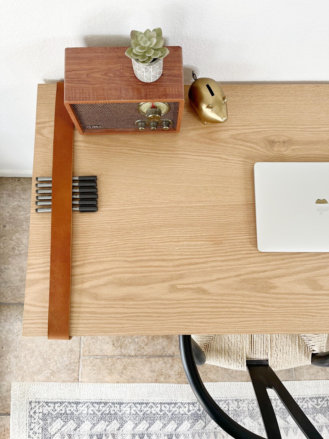 Solid Oak Wood Desk W/ Leather Strap Organizers, Industrial, Modern ...