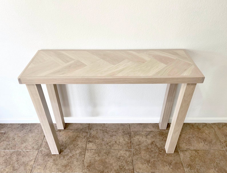 White Oak Wood Console Table With Herringbone Top, Wood 4-post Legs ...